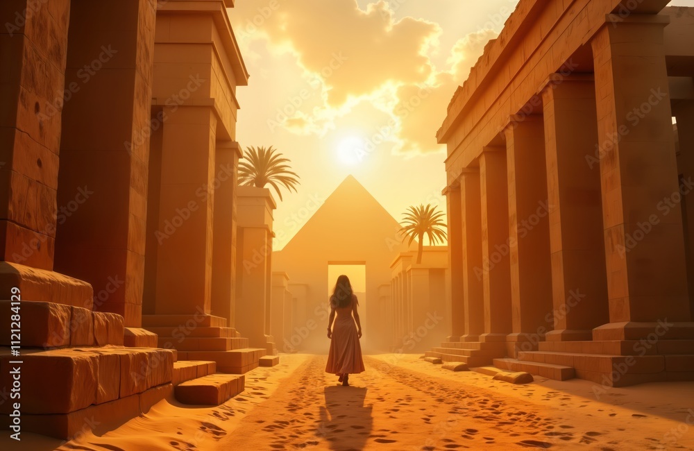 Stockfoto Ancient Egyptian scene. Woman walks down dusty path between ...