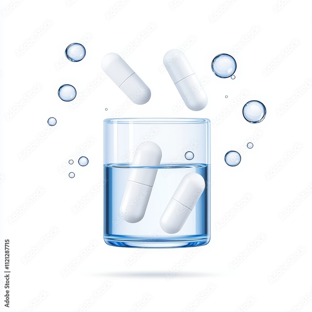 Floating effervescent pills dissolve in water. Modern realistic mockup of round fizzy tablets ...