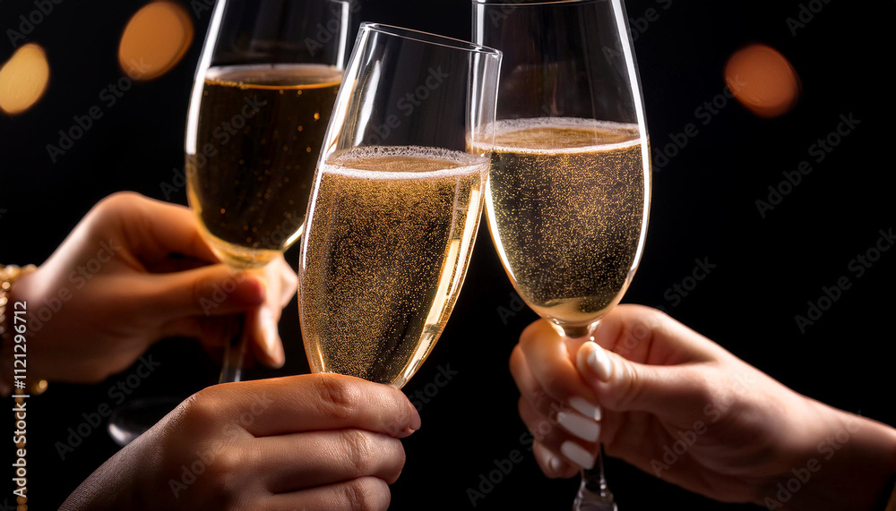 Primer plano de tres copas de champan o espumoso con luz dorada ...