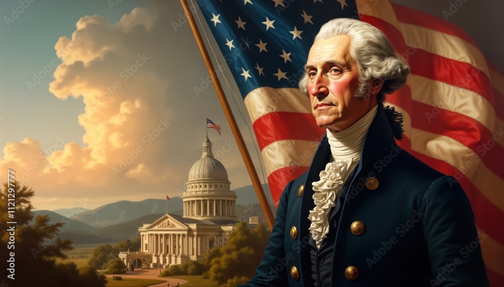 Historic portrait of George Washington. Serious, patriotic mood ...