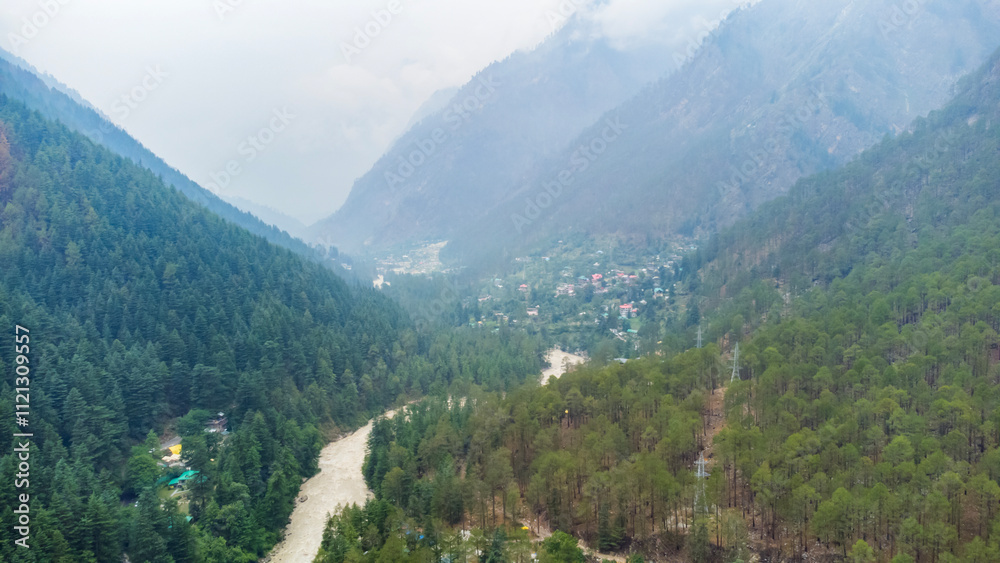 Aerial view of himalayan mountains at kasol himachal pradesh. Small ...