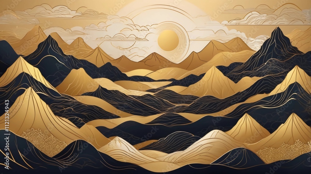 landscape wallpaper design with Golden mountain line arts, luxury ...