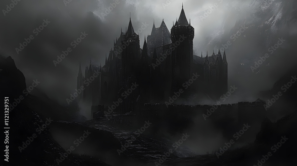 Black and white dark fantasy art of the gothic castle from the game ...