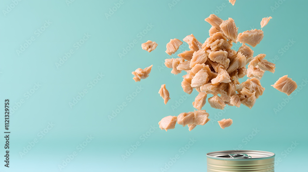 Open Tuna Wide Can with Boiled Tuna Dry Chunks Flying Out - Dynamic ...