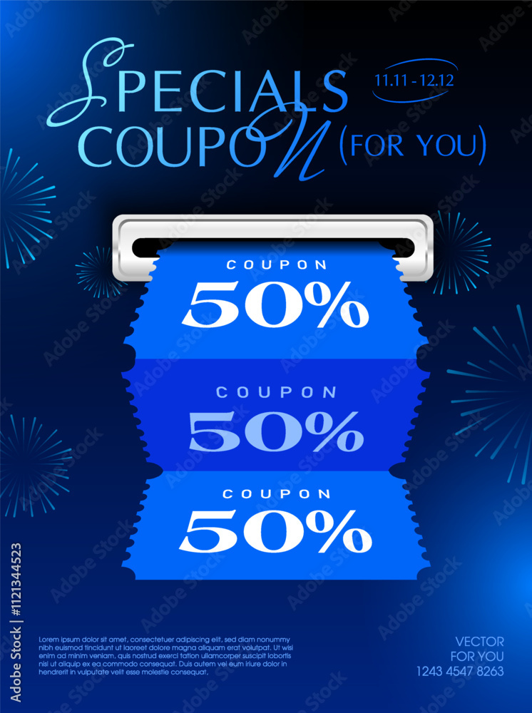 3d stack of coupons is being printed from a slot, isolated on dark ...