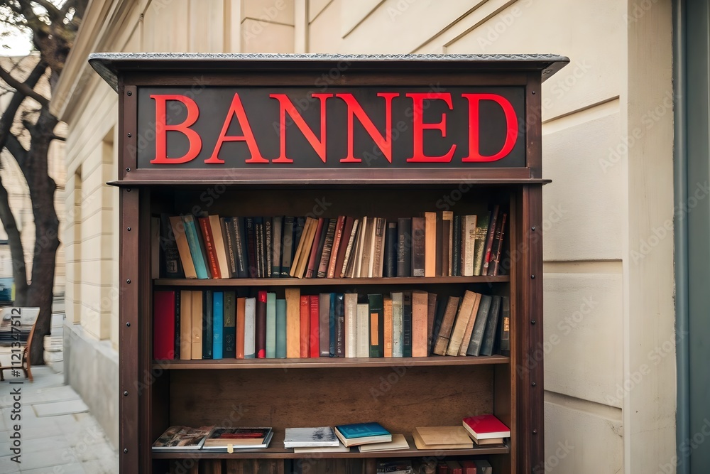 Bookshelf with banned sign in public area. Censorship and education ...