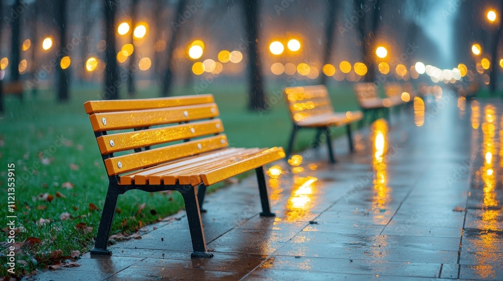 The image shows a serene public park at night, with only the soft glow ...