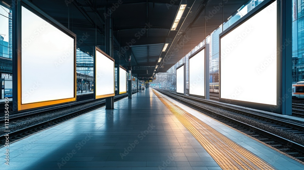Desolate train platform with modern signage and LED screens, urban ...