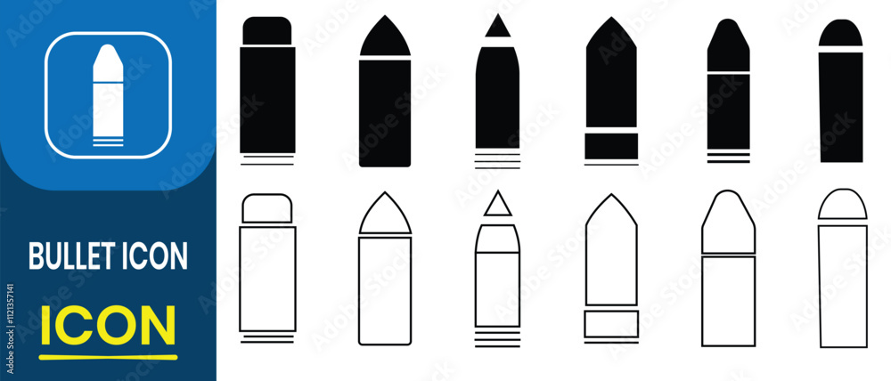 Set of Illustrations of bullets and cartridge icon. Military ammunition ...