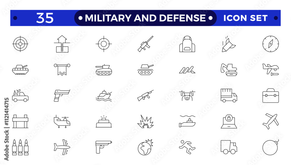 Military equipment, combat war weapon line icon set. Missile bomb and ...