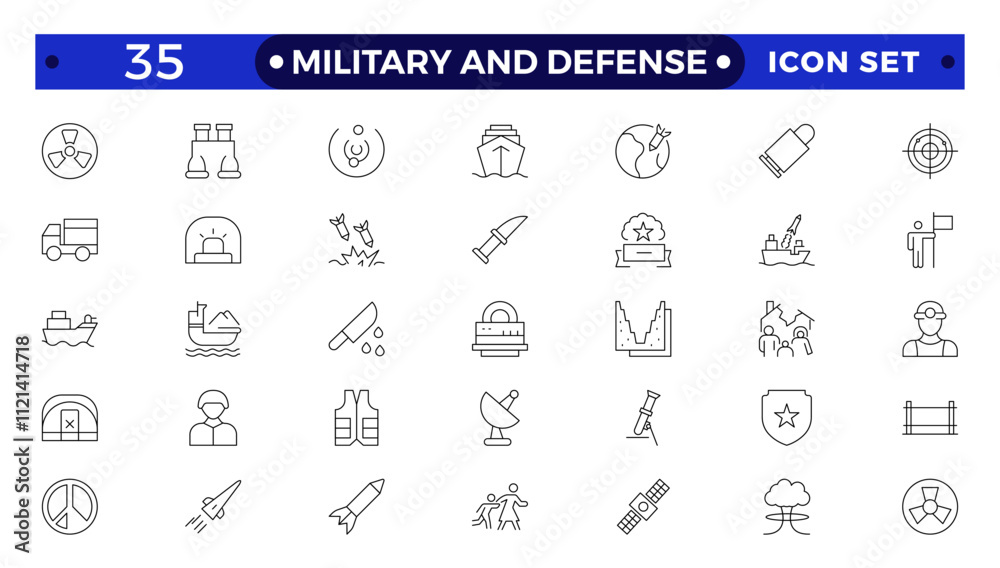 Military equipment, combat war weapon line icon set. Missile bomb and ...