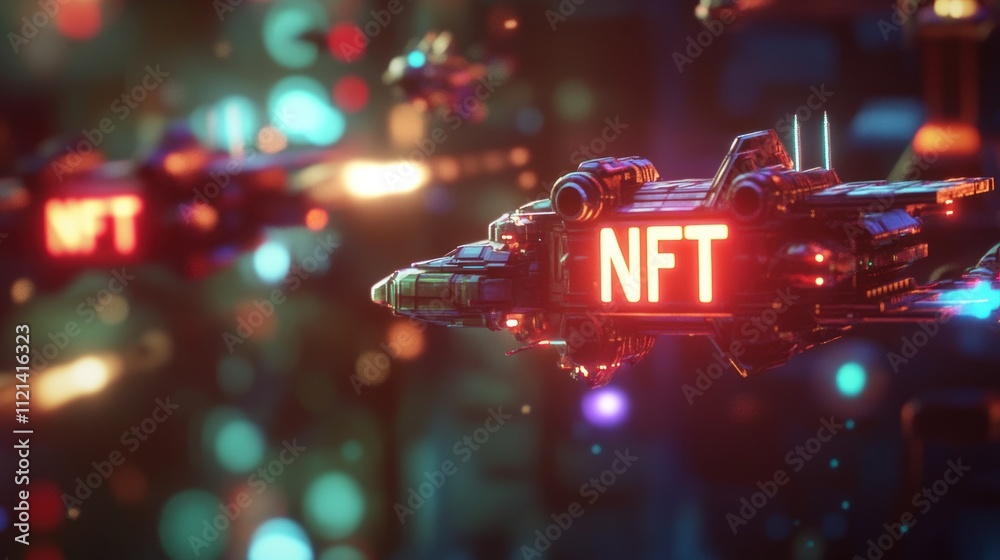 Space Shooter: TEXT "NFT" in metallic, glowing font, with a blurred ...
