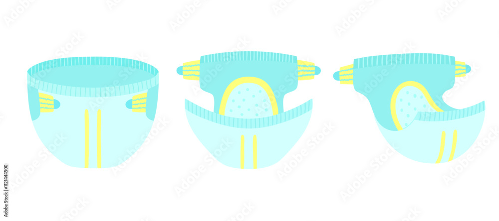 Baby diapers vector illustrations. Diaper angles, diaper changing ...
