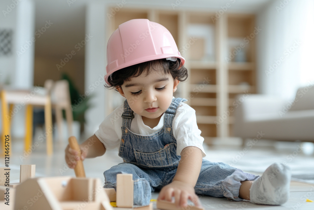 Arabian little boy cosplay as builder construction worker at living ...