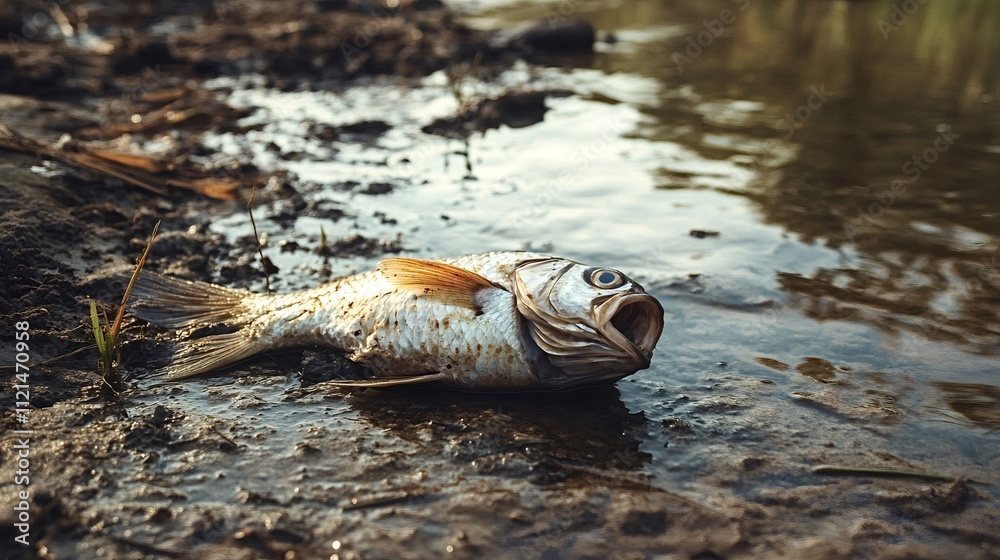 Dead fish lies on the cracked. Dried riverbed. Highlighting the ...