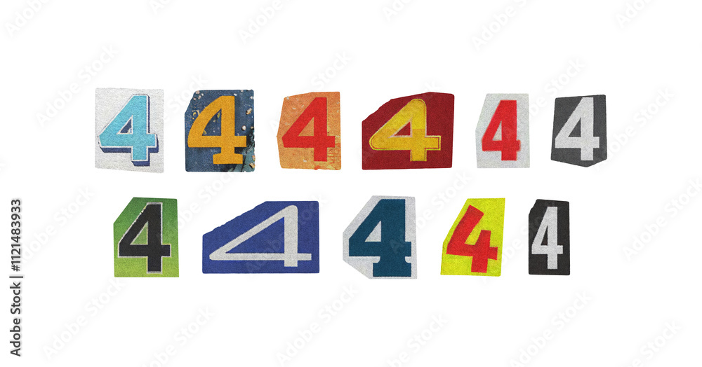 cut-out number "4" set from magazines on a transparent background, y2k ...