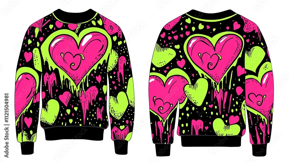 Chaotic sweater design with mismatched cupids, oversized heart shapes ...
