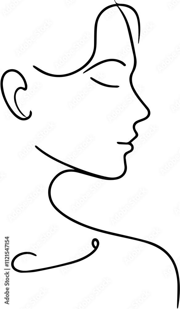 Line drawing of woman's face on transparent background. The drawing is ...