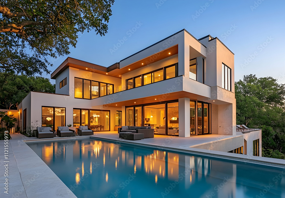 Modern two-story house with a pool and terrace, front view. Large white ...