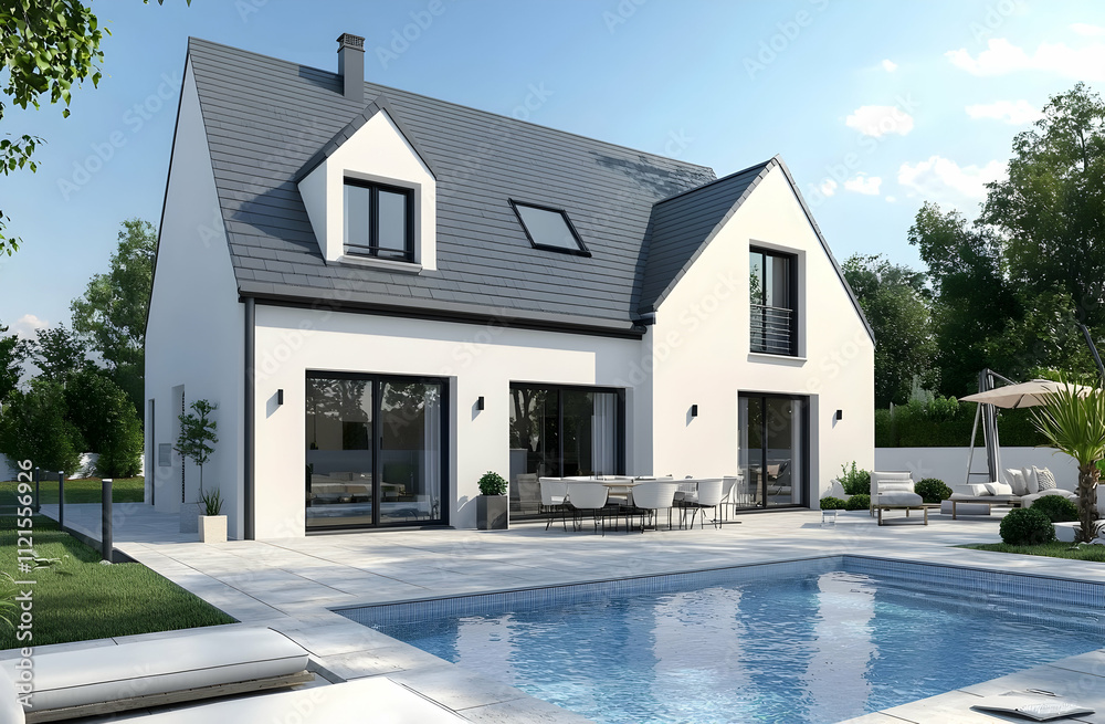 Modern two-story house with a pool and terrace, front view. Large white ...