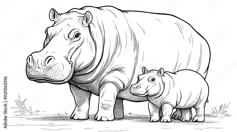 Line drawing of an adult hippopotamus and baby, white background, clip ...