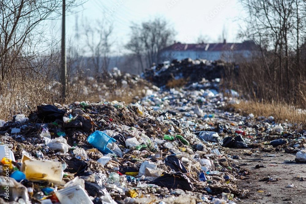 Garbage accumulates on a landfill site with plastic and other waste ...