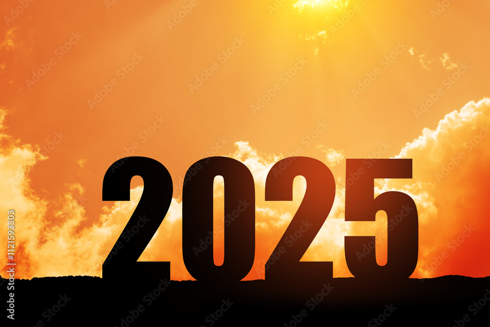 Silhouette 2025 with sunset sky at mountain and number like 2025 ...