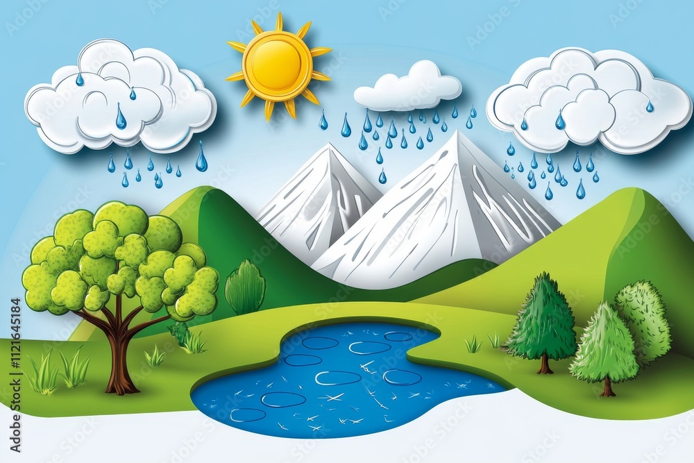 A high-resolution photo of a water cycle diagram in nature, showing ...