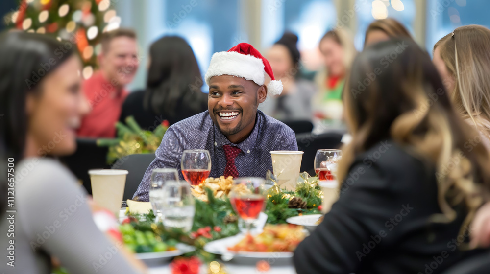 Employees at a corporate holiday party. Smartly dressed, smiling people ...
