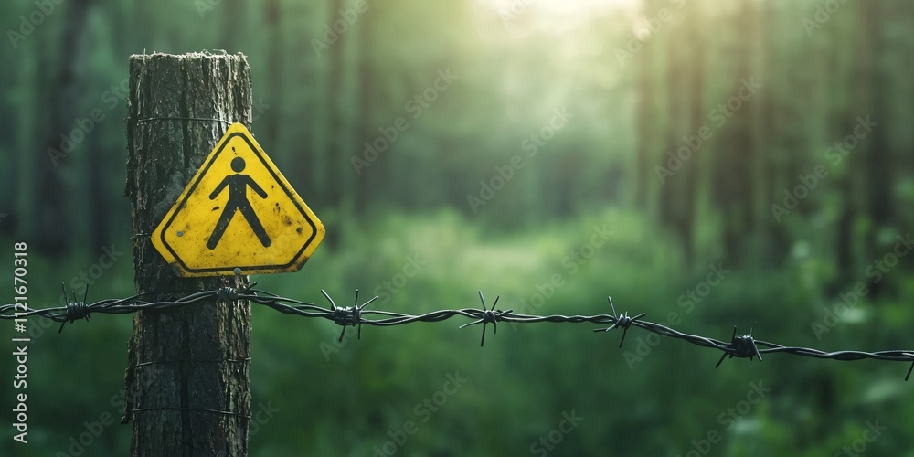 Electrical Mistakes concept. Caution sign in a forest indicating ...