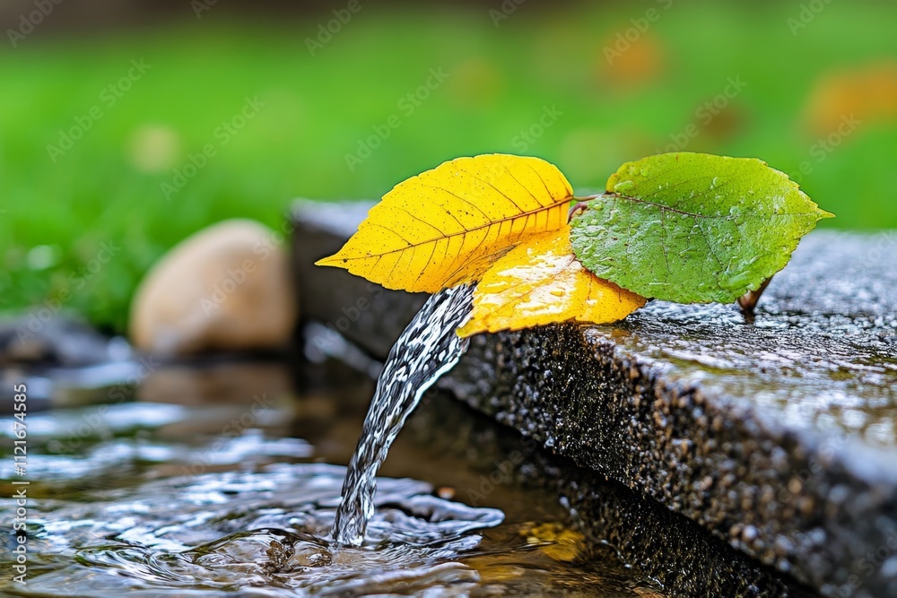 A detailed image of water trickling from a leaf after a light rain ...