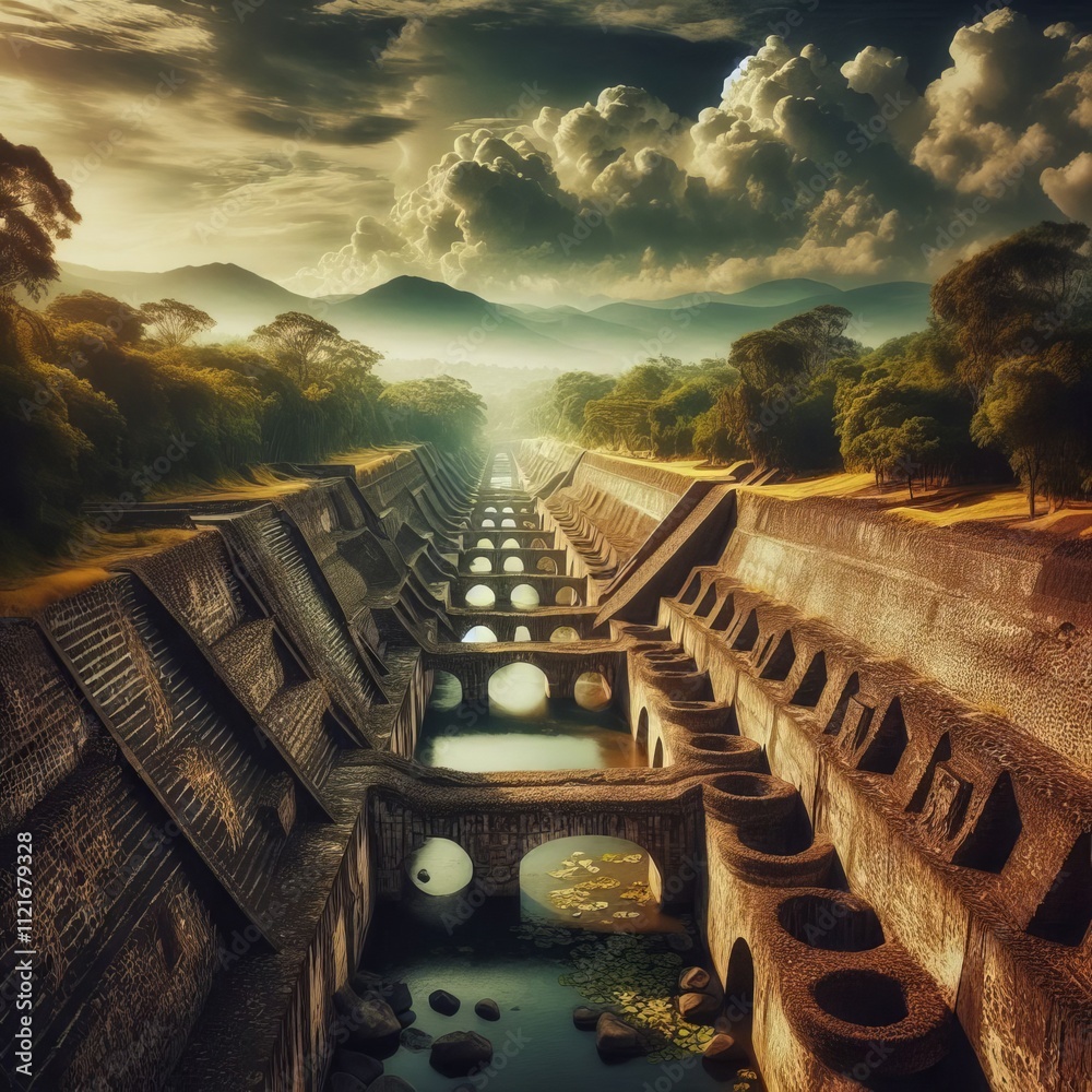 126 AztecAqueduct A river that flows through an Aztec temple wit Stock ...