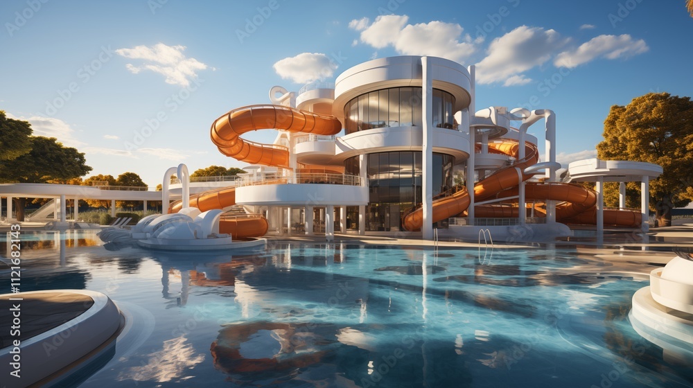 Enjoyable aquapark with twisting slides and spacious swimming pools in ...