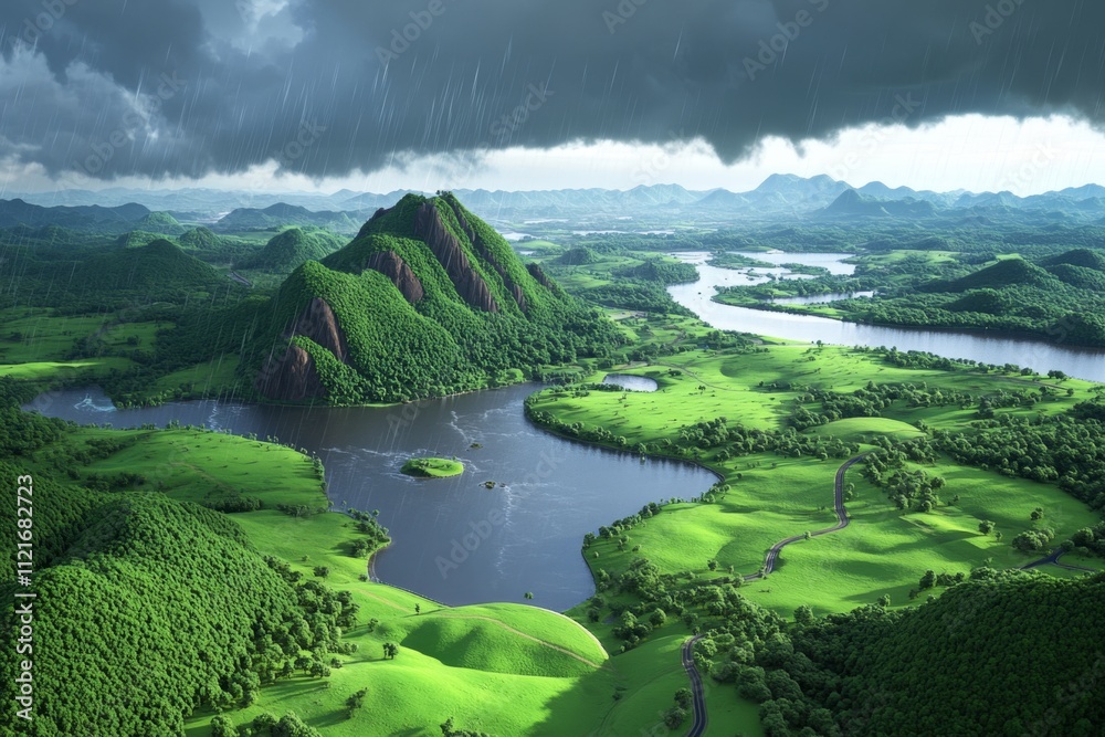 A high-resolution photo of a water cycle diagram in nature, showing ...