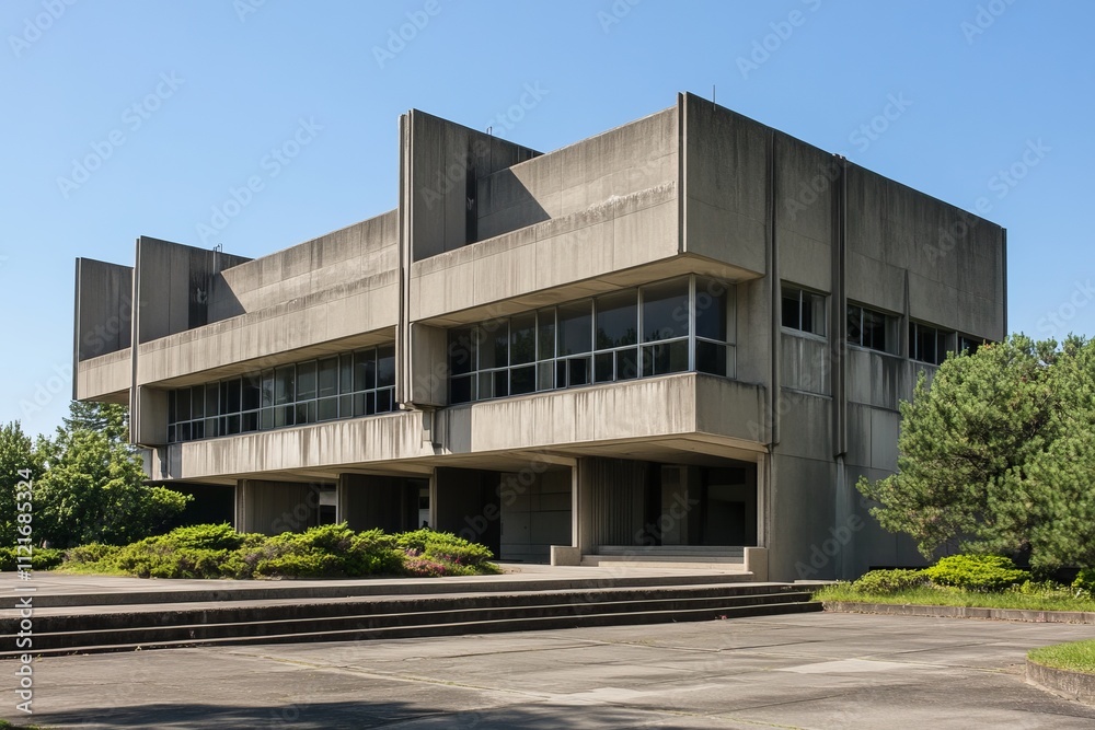 A striking brutalist university building with massive concrete forms and clean, unadorned ...