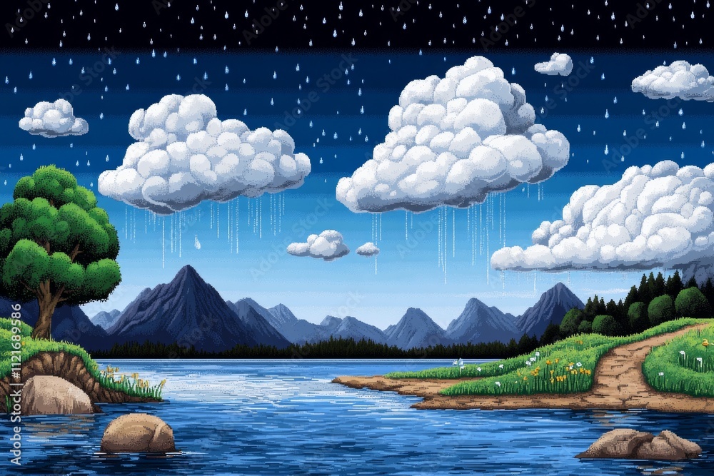A pixel art depiction of the water cycle, with animated clouds ...