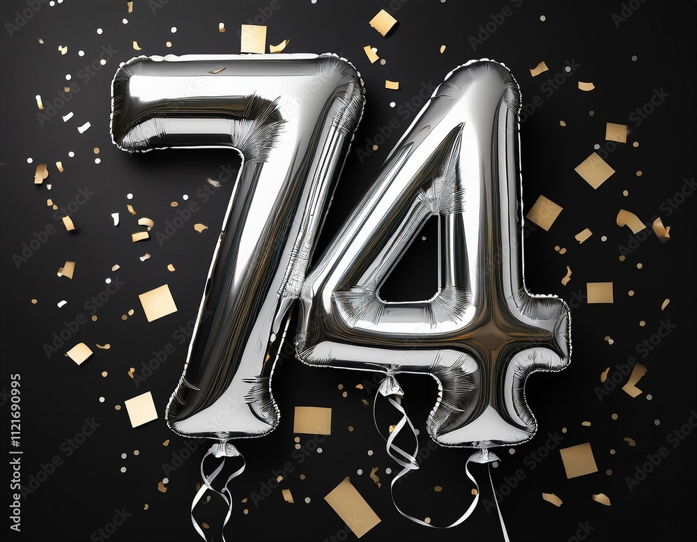 Silver birthday / anniversary balloon, number 74, black background with ...