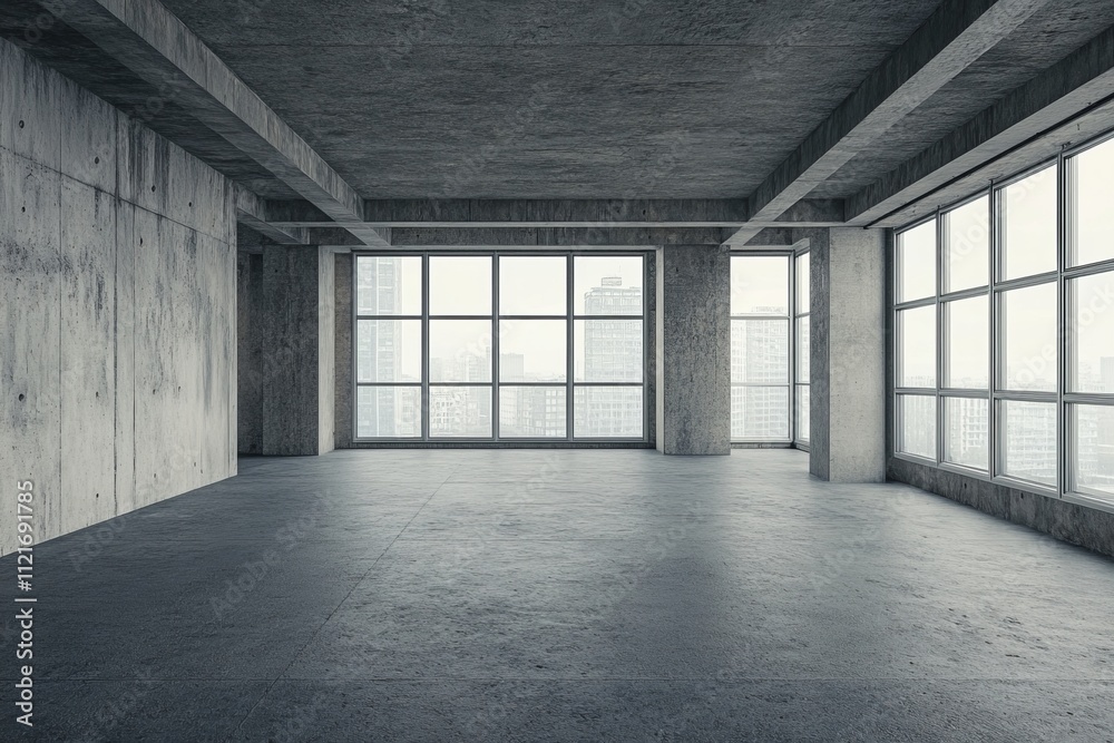 An empty room designed in a brutalist style, featuring minimalistic raw ...