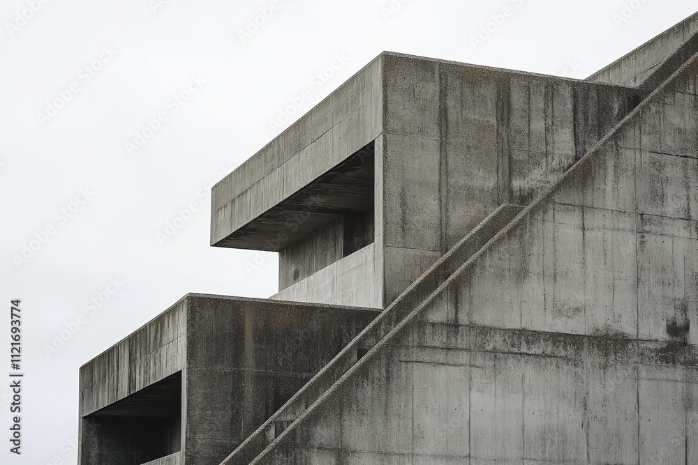 An industrial brutalist building with rough concrete textures and angular forms.Brutalist design ...