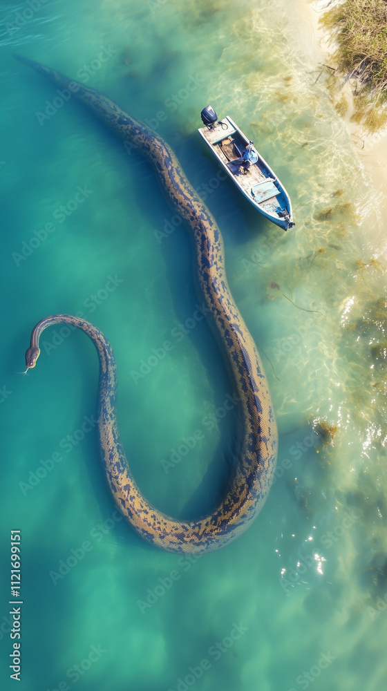 Prehistoric Giant Snake: Titanoboa Swimming Under a Boat Stock Photo ...