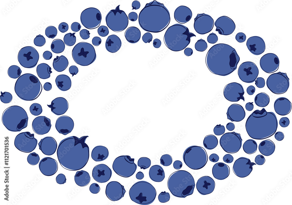 Oval frame vector template of blueberries. Graphic line illustration. F ...