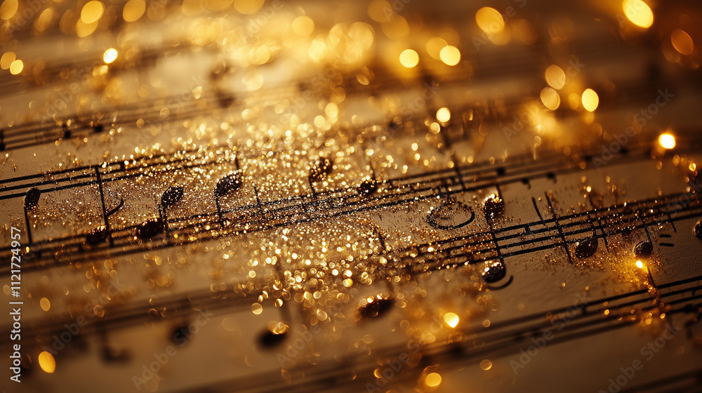 Foto de Stock Music Sheet with 3D Glitter Musical Notes on Stave and ...