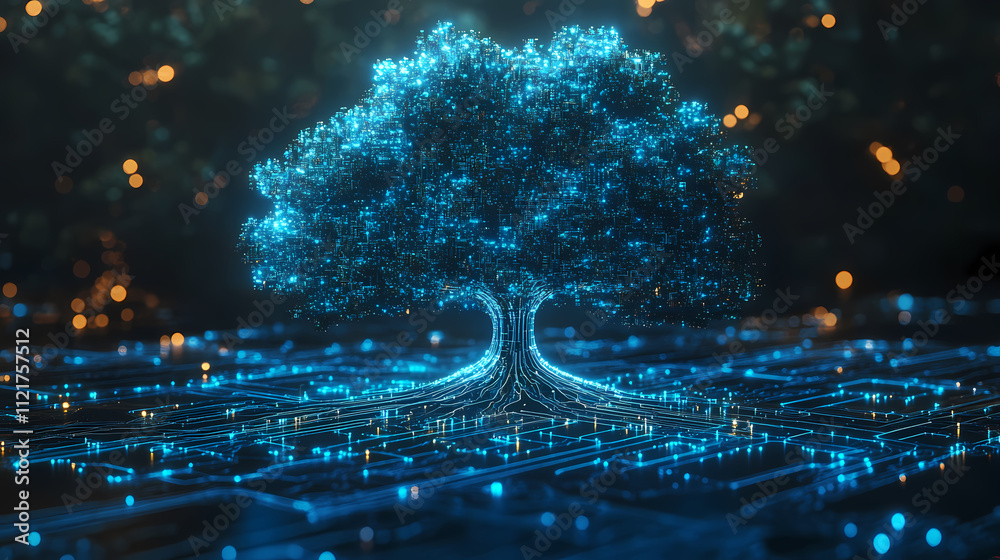 Futuristic digital tree with glowing blue circuits depicting modern ...