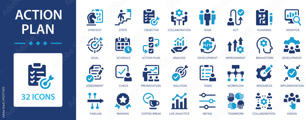 Action plan flat icons collection. Planning actions and processes in ...
