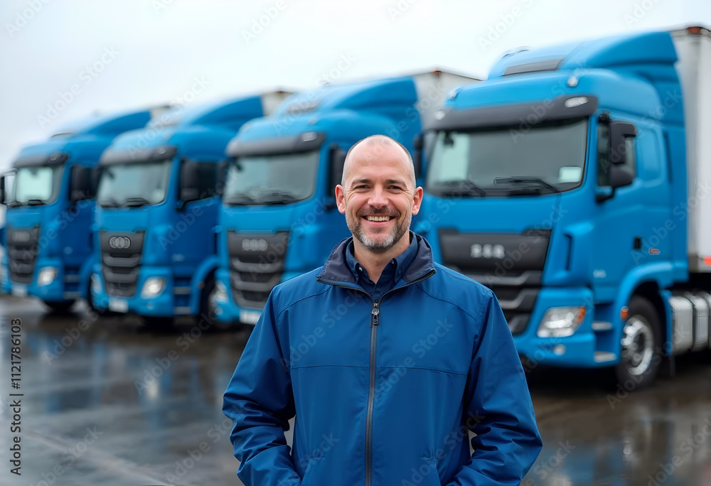 Trucking manager stands proudly in front of a fleet of blue trucks at a ...