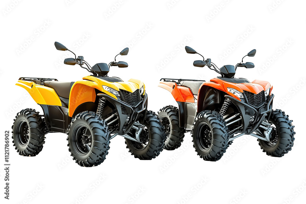 Two atv's side by side, one orange and one red. on transparent ...