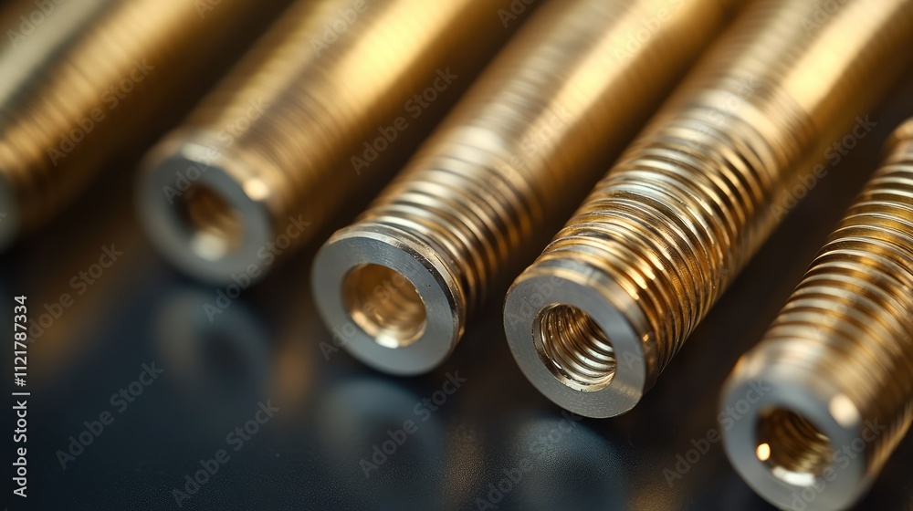 Brass and metal threaded couplings arranged in a row showcasing ...