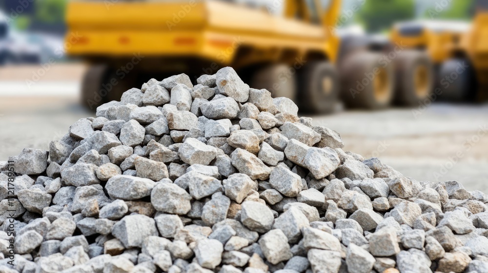 Gravel production process with crushed stone pile and heavy machinery ...