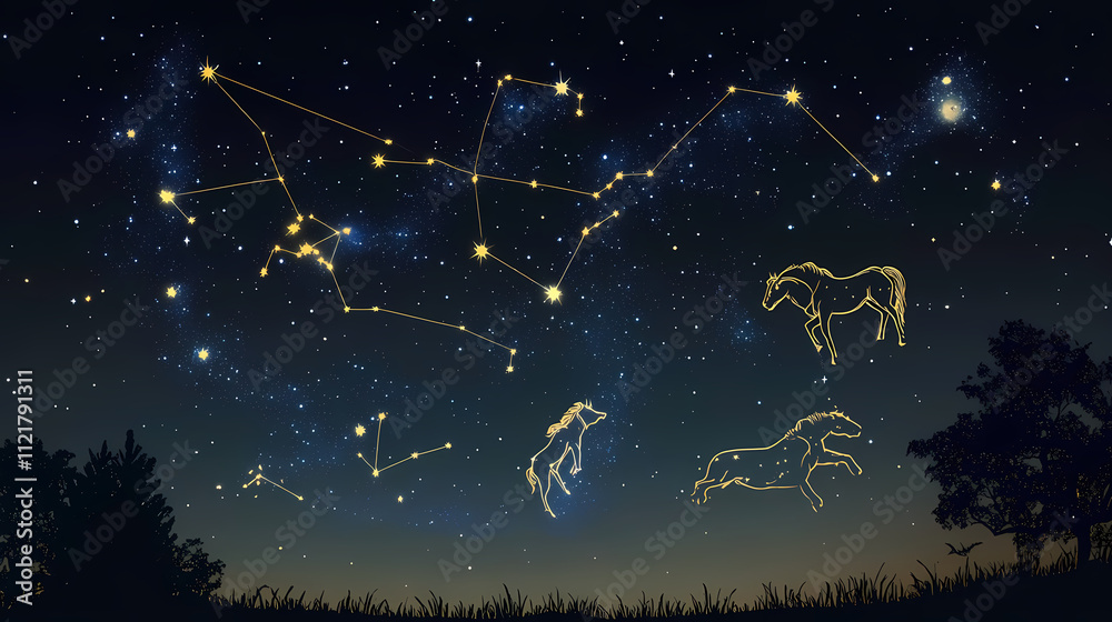 Sky map depicting constellations and zodiac signs. Ecliptic ...