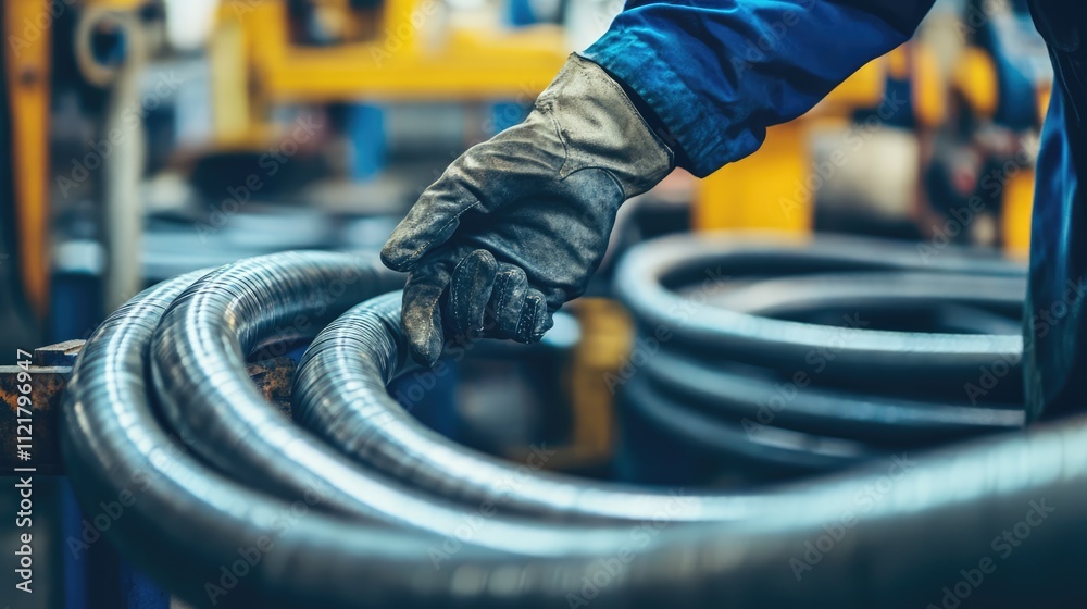 Industrial worker handling steel fittings and hydraulic hoses in a ...
